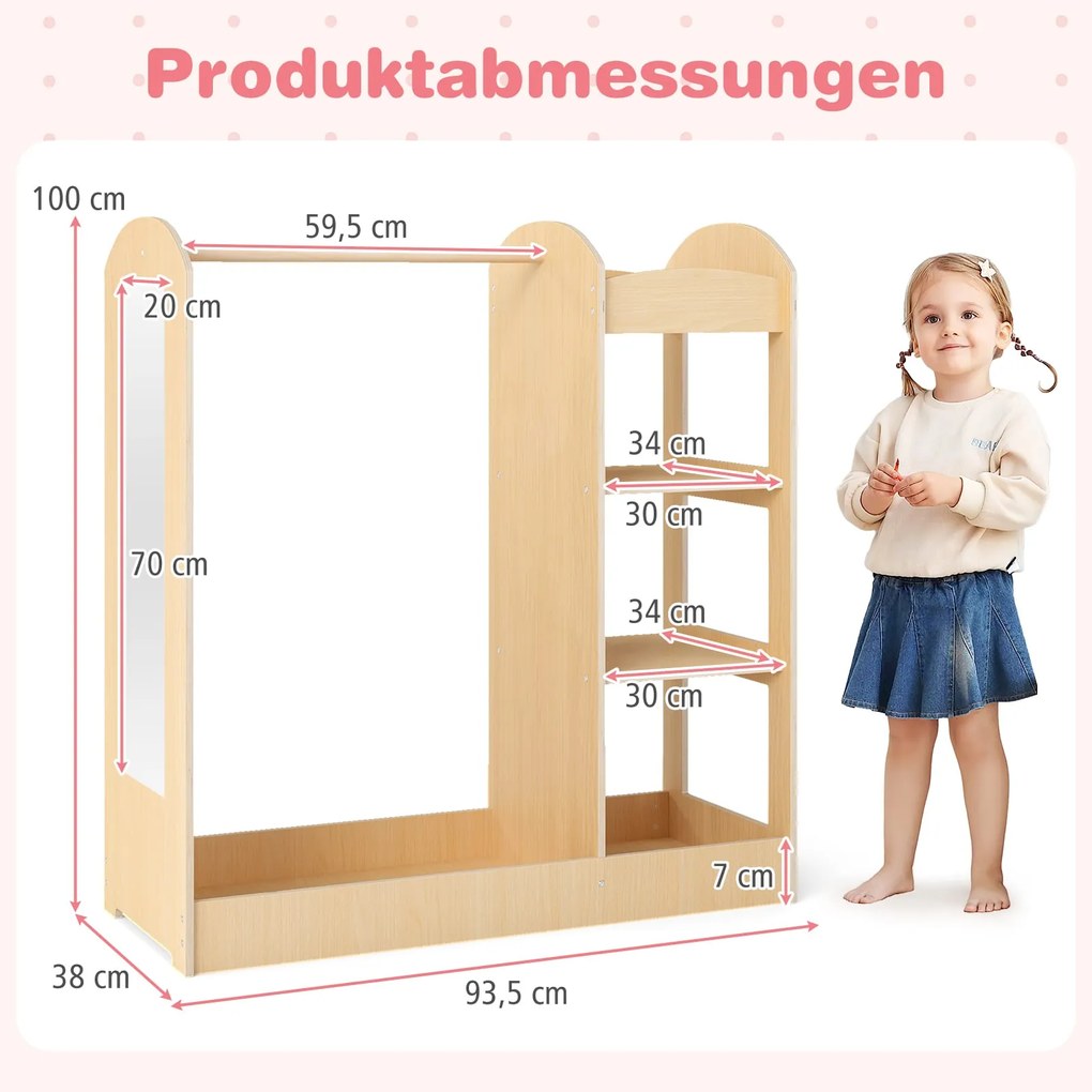 Costway Dětská šatní skříň Dětská se zrcadlem – 93,5 × 38 × 100 cm