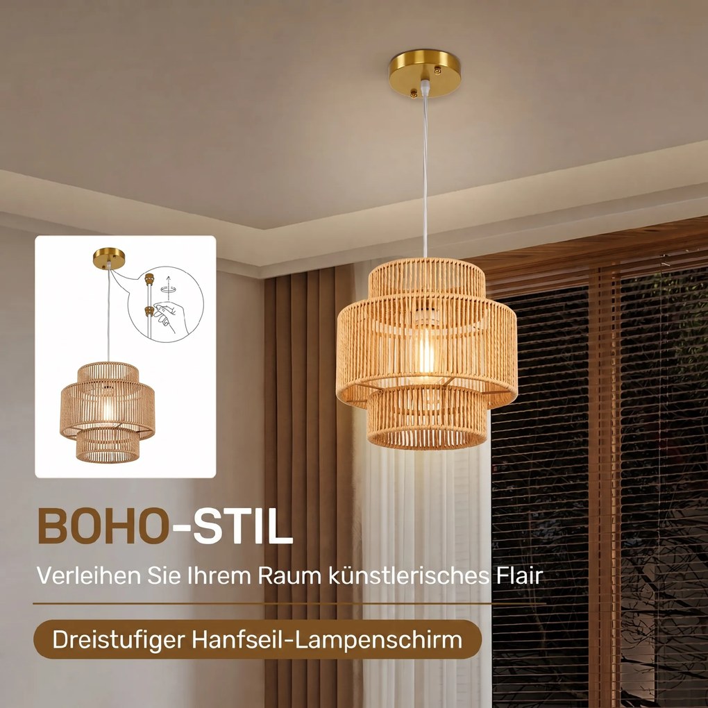 HOMCOM Závěsná lampa, 3stupňové stínidlo, kov, konopné lano, světle hnědá B31-521V01LR