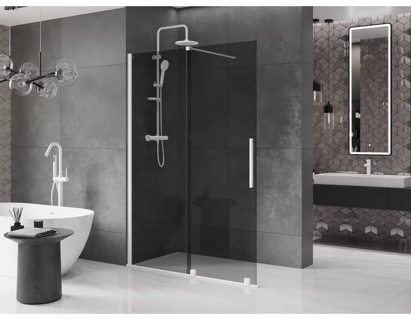 Mexen Velar, sprchová zástěna s posuvnými dveřmi Walk-in 130 x 200 cm, 8mm šedé sklo, bílá matná, 871-130-000-43-20