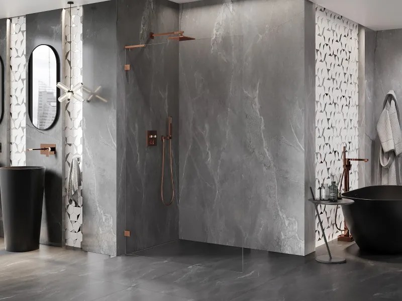 Mexen, Mexen Lunar L sprchová stěna levá 100 x 200 cm, průhledná 8 mm, růžové zlato - 830L-100-000-60-00-L