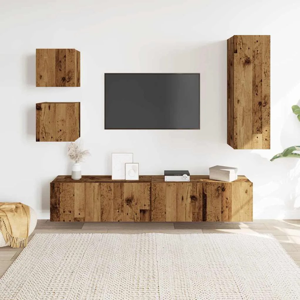 Sada 5 kusů nástěnné TV skříňka starého dřeva kompozitní dřevo 3328997