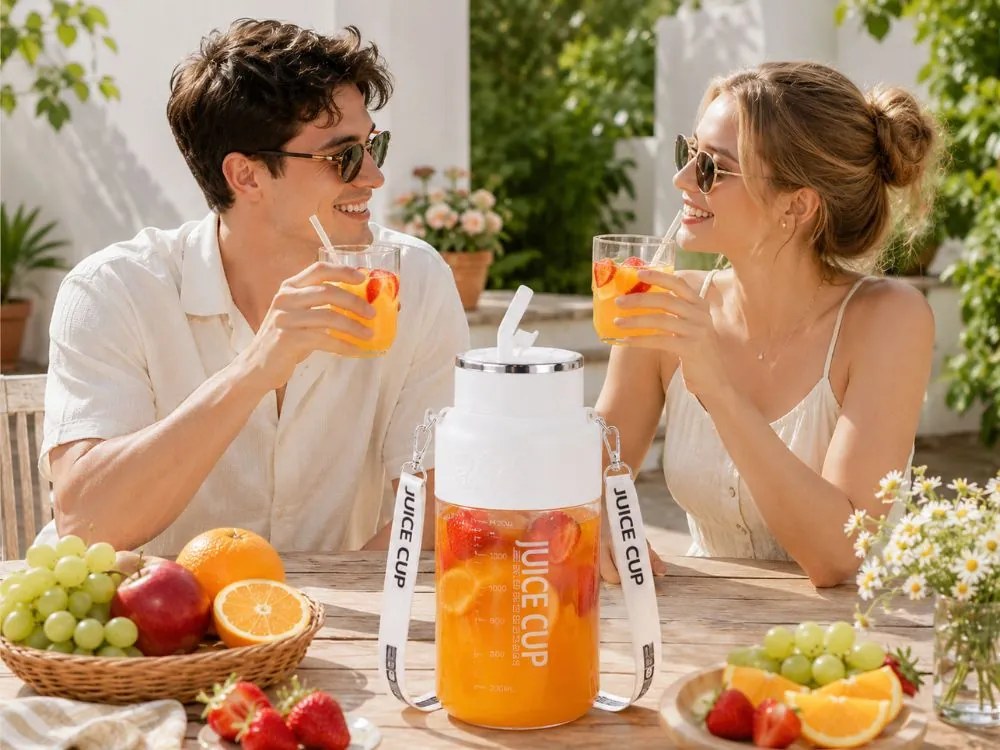 Verk Group Láhev s mixérem usb 1200 ml, hrnek na smoothie, šejker se slámkou a páskem