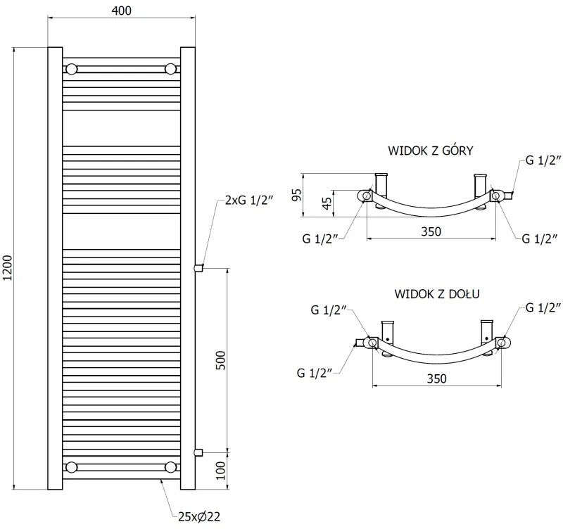 Mexen Ares, topné těleso 1200 x 400 mm, 442 W, boční pravé a spodní připojení, černá, W102-1200-400-00-70-S