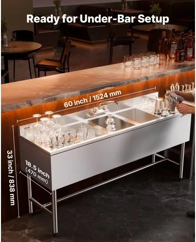 Dřez se 3 přihrádkami, Nerezová ocel 304 o průměru 18 VEVOR – 1524 × 470 × 838 mm