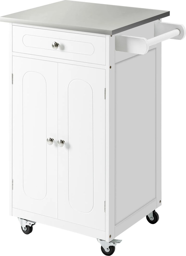 HOMCOM Bílý Kitchen Island Trolley z MDF a nerezové oceli s kolečky, víceúložný, 1 zásuvka, skříňka s 2 dveřmi a držákem na utěrku