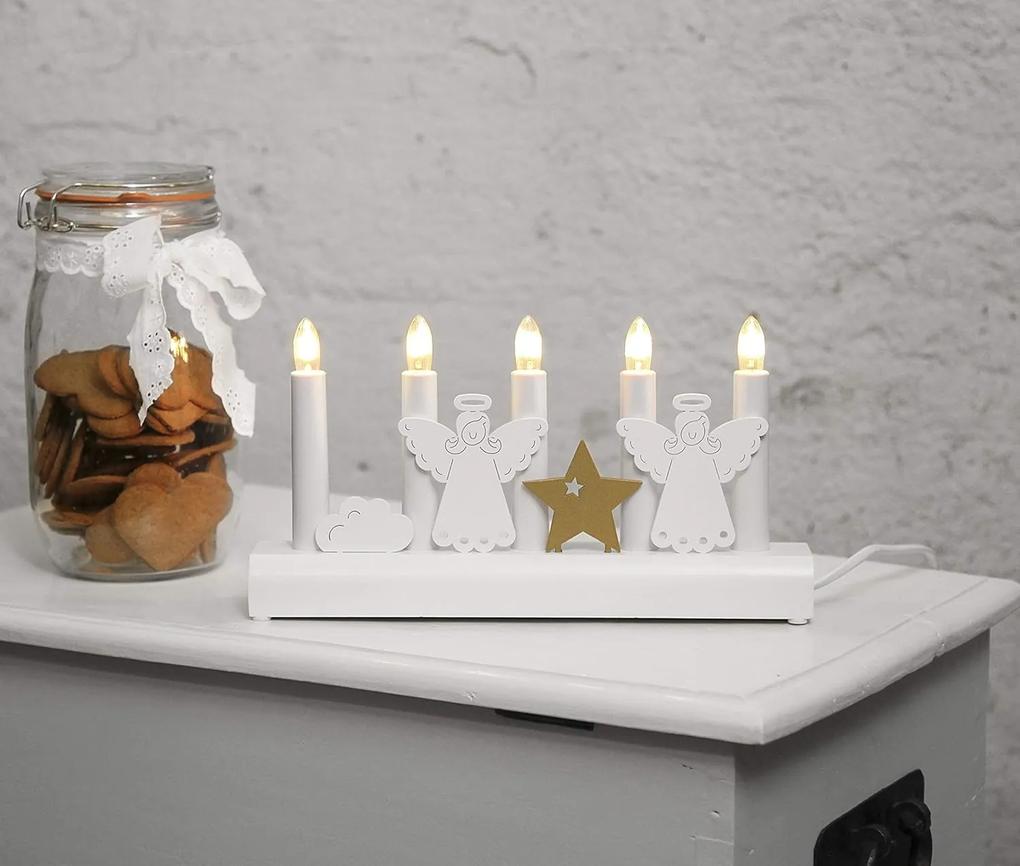 Vánoční dřevěný svícen, zdobený figurkami andělíčků, 5 svíček Barva: Přírodní