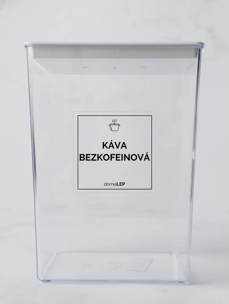 KÁVA BEZKOFEINOVÁ – průhledná samolepka na dózu, tučné písmo, 5 × 5 cm | DomaLEP