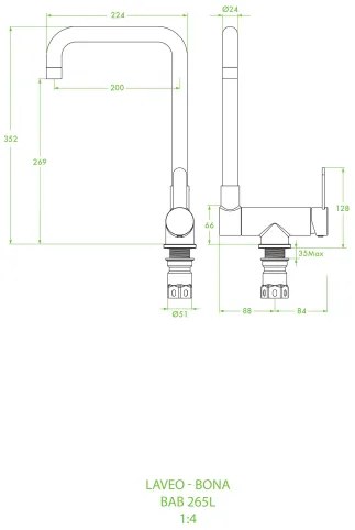 Laveo Bona, kuchyňská baterie stojící h-352, ušlechtilá ocel, LAV-BAB_265L