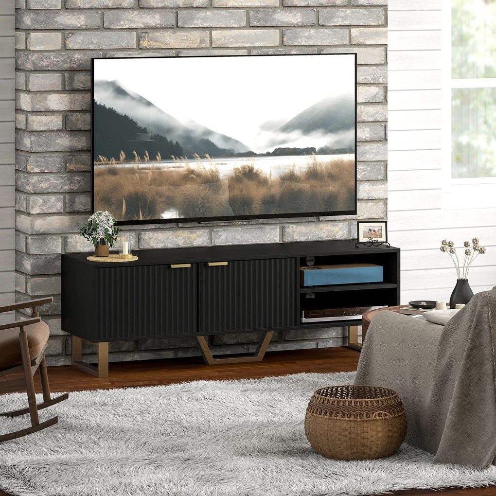 HOMCOM Stojan na TV - dřevěný televizní stolek pro TV až do 70 palců s 2 vroubkovanými dvířky a spravou kabelů, do obývacího pokoje či ložnice, 140 x