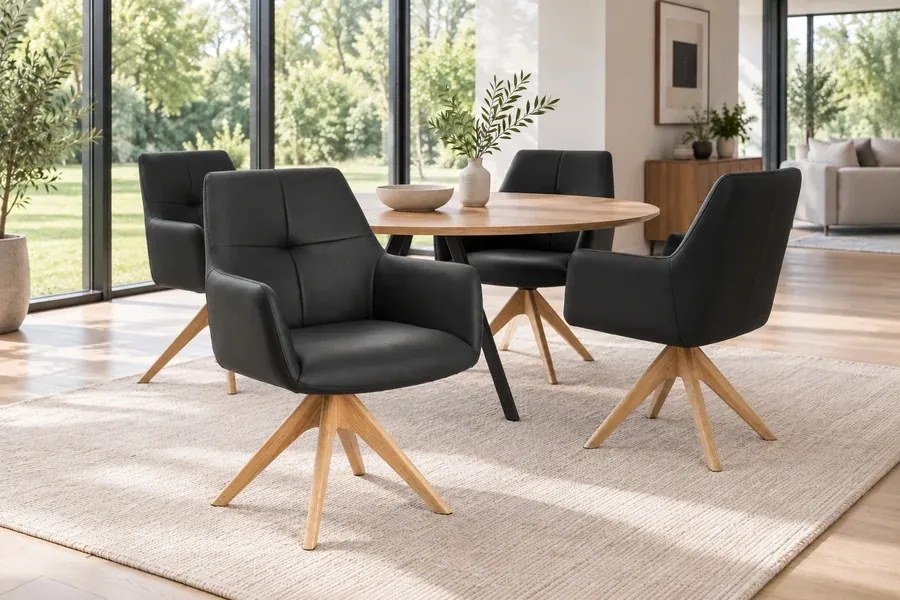 Designová otočná židle Devassy černá kůže / dub