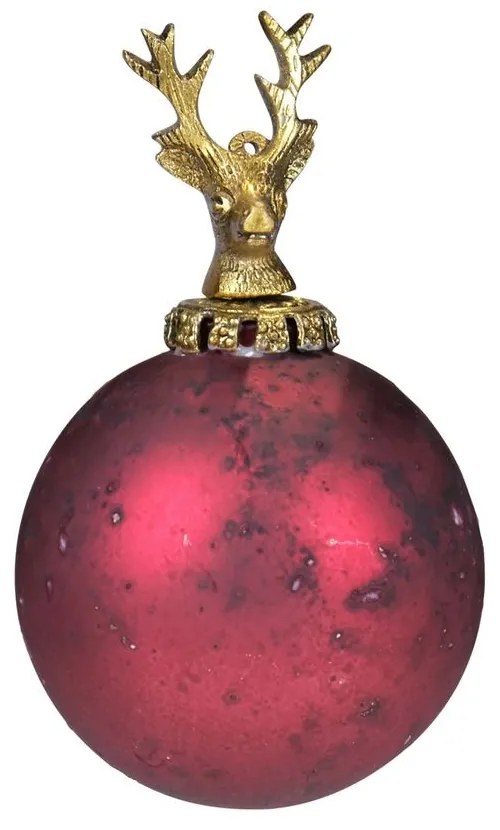 Červená antik skleněná vánoční koule s jelenem Deer - Ø10* 16 cm