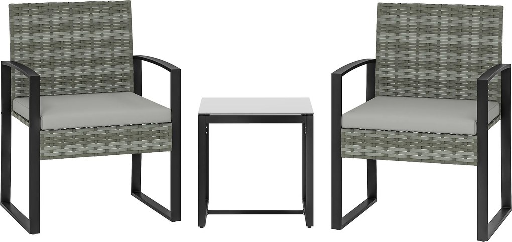 Ratanový bistro set, 3dílná sada zahradního nábytku se 2 zahradními židlemi, konferenčním stolkem, odnímatelnými polštáři, světle šedý