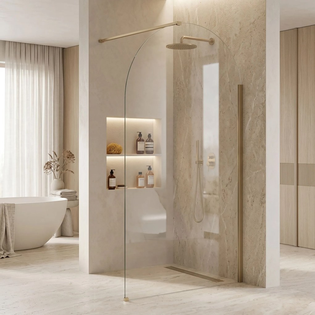 Bezrámová sprchová zástěna REA HEAVEN GOLD BRUSH 90 cm, zlatá kartáčovaná/transparent - bez vaničky