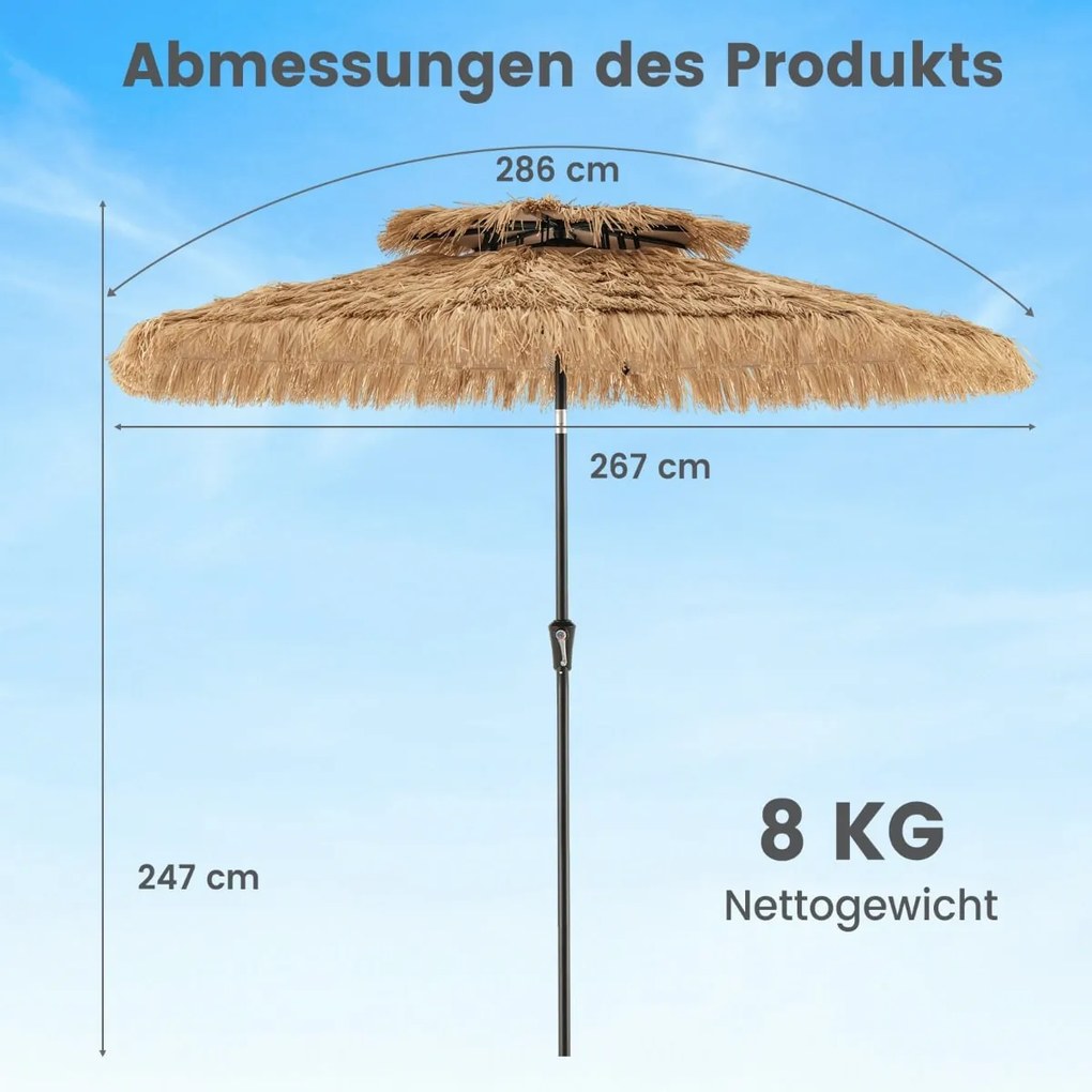 Costway 247 cm vysoký slámou pokrytý tiki deštník na terasu v havajském stylu