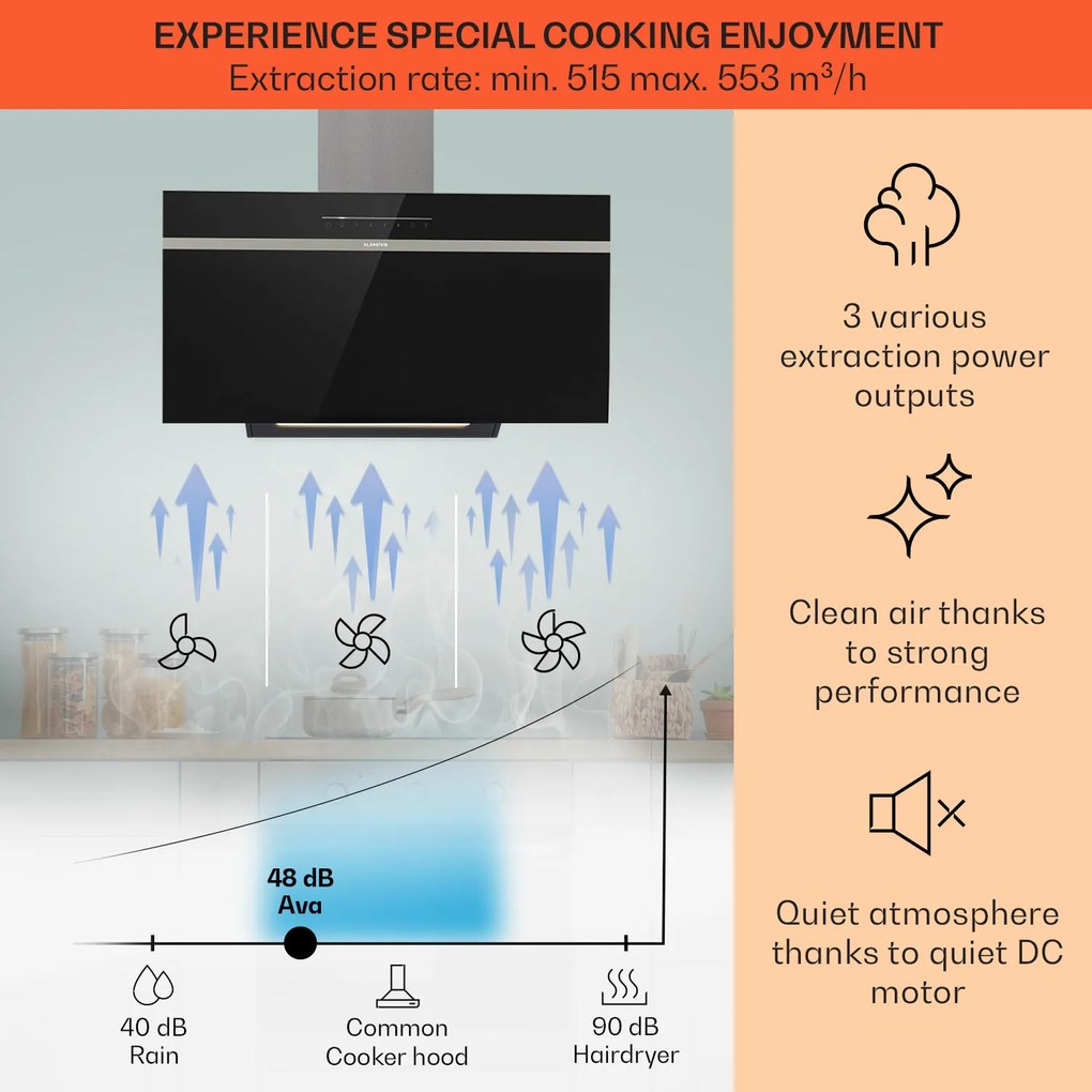 Klarstein Ava 90 Smart, digestoř, 90 cm, nástěnná, Wi-Fi, A++, 515 m³/h, dotykový displej