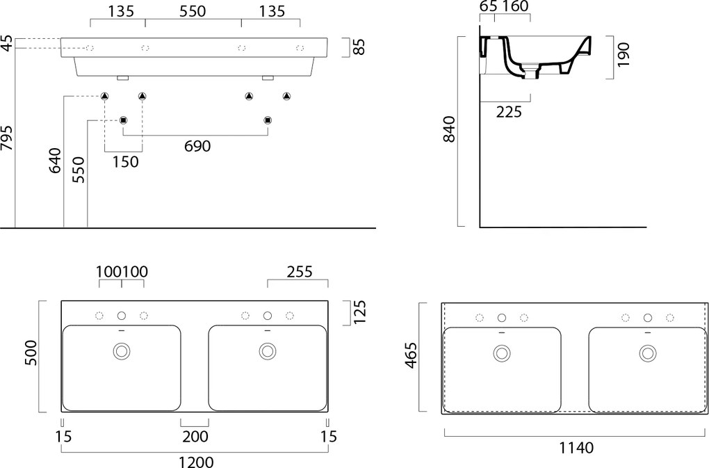 GSI Nubes obdélníkové dvojumyvadlo 120 x 50 cm s otvorem pro baterii s přepadem keramické bílá ExtraGlaze 9625111