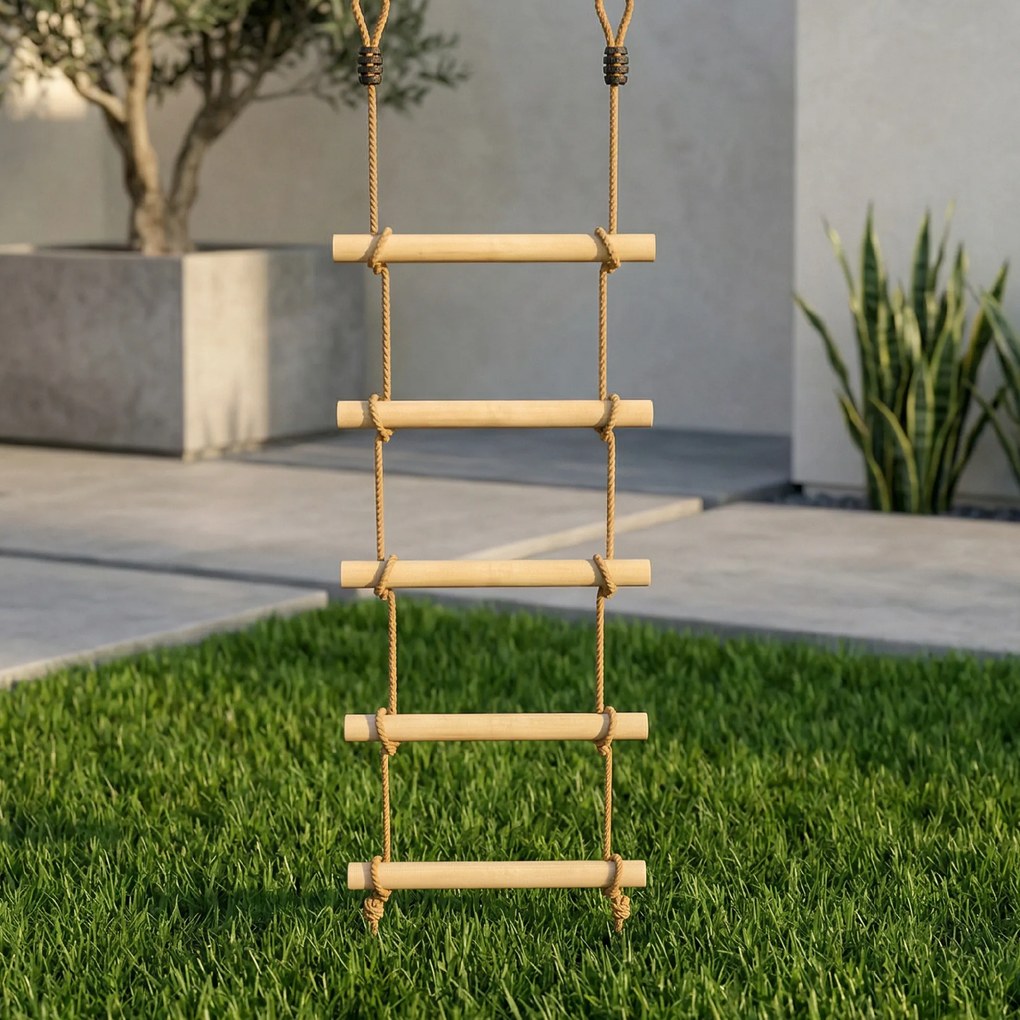 Provazový žebřík pro děti 5stupňový žebřík na lezení se 2 karabinami 2 popruhy na strom pro děti od 3 do 8 let 40 x 3,5 x 180 cm přírodní dřevo