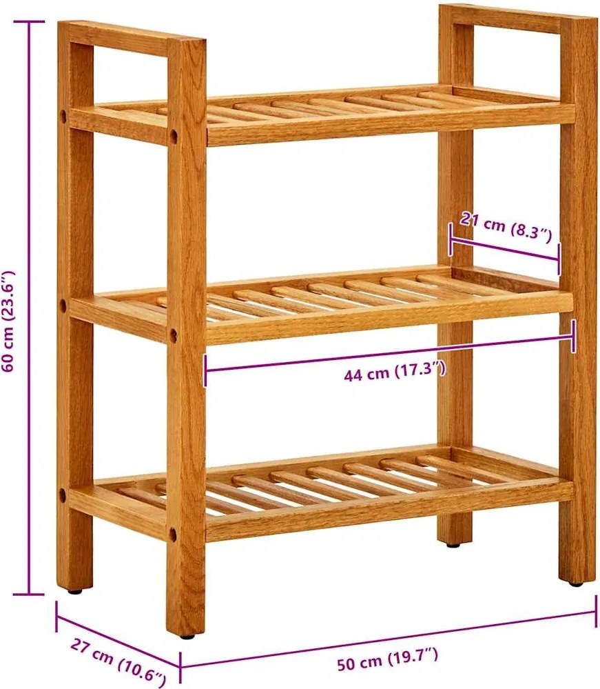 Botník se 3 policemi 50 x 27 x 60 cm masivní dubové dřevo 331745