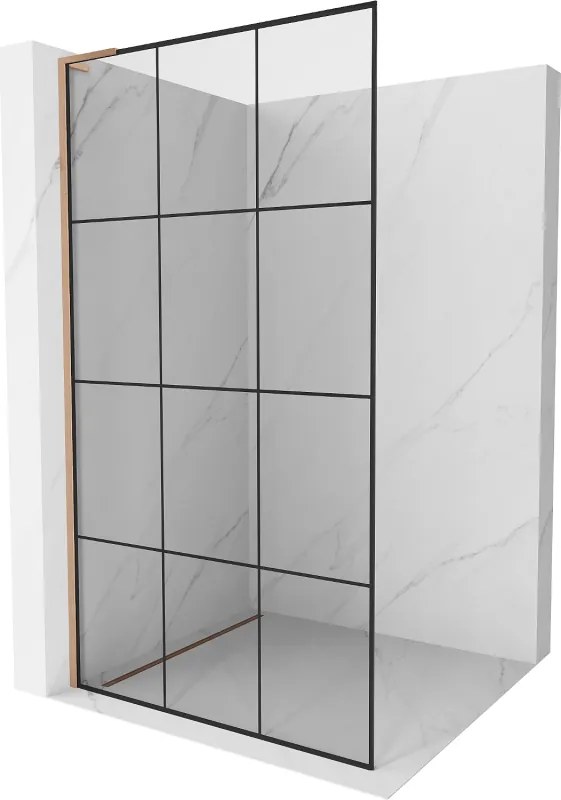 Mexen Kioto L, sprchová zástěna Walk-In 120 x 200 cm, 8mm čiré sklo černý vzor, měděný matný profil, 800-120-103-65-77