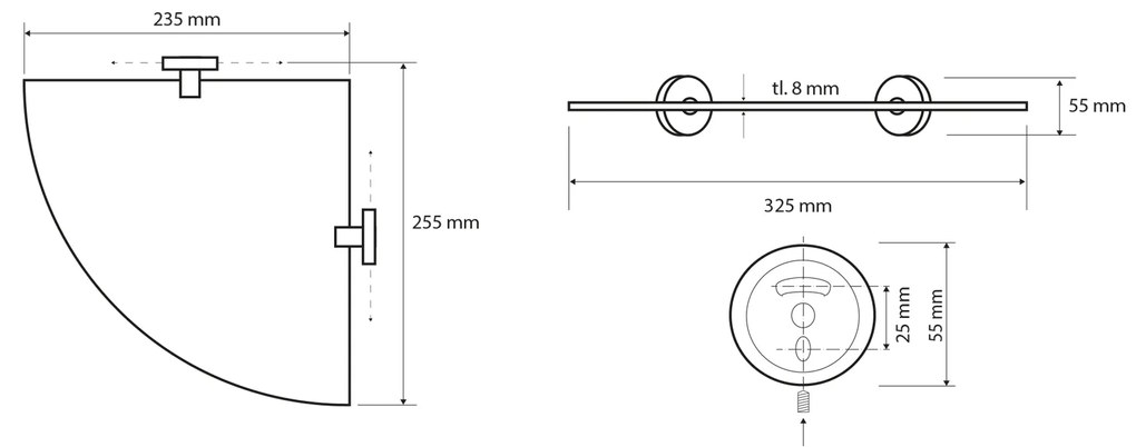 Sapho X-ROUND E skleněná polička rohová 235x255mm, chrom - XR603