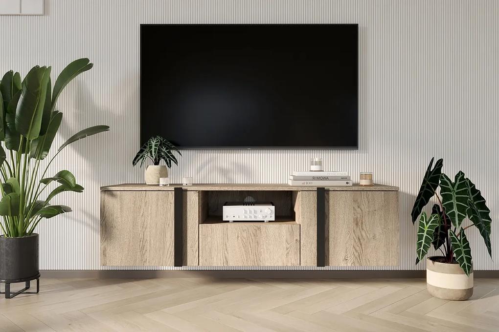 Závěsný TV stolek Verica 150 cm s výklenkem - dub piškotový / černé úchytky