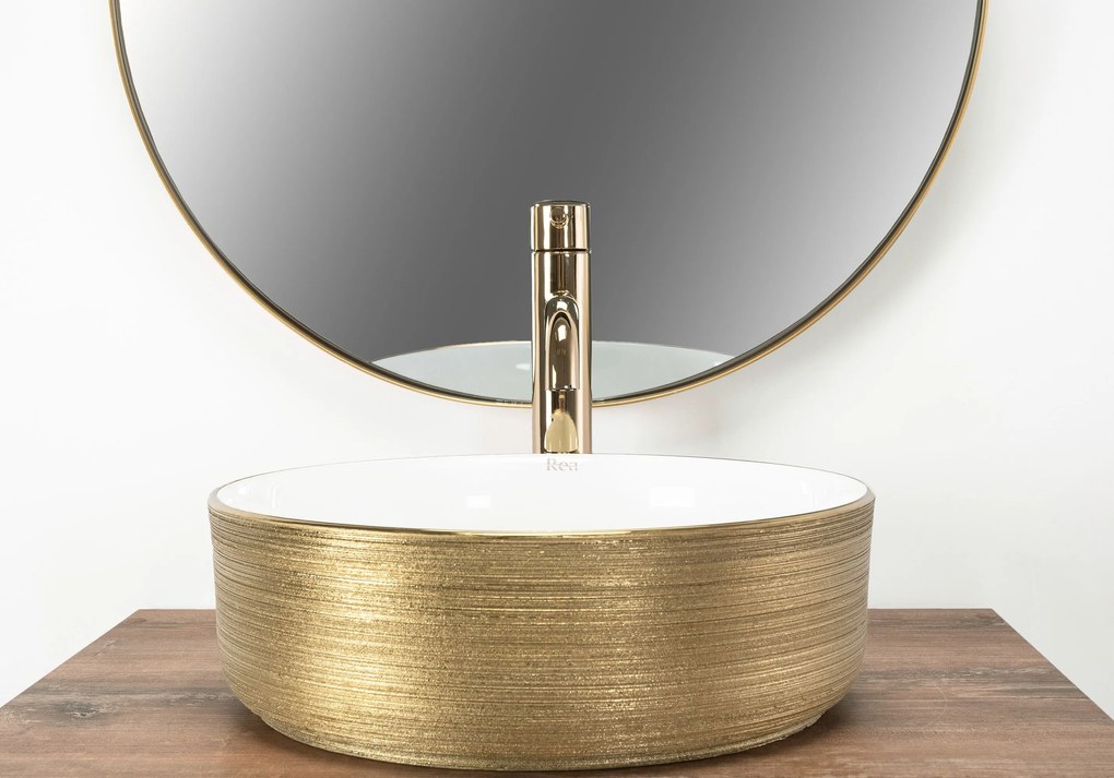 Rea Sami Brush Gold, umyvadlo na desku 36x36 cm, bílá-zlatá, REA-U6630