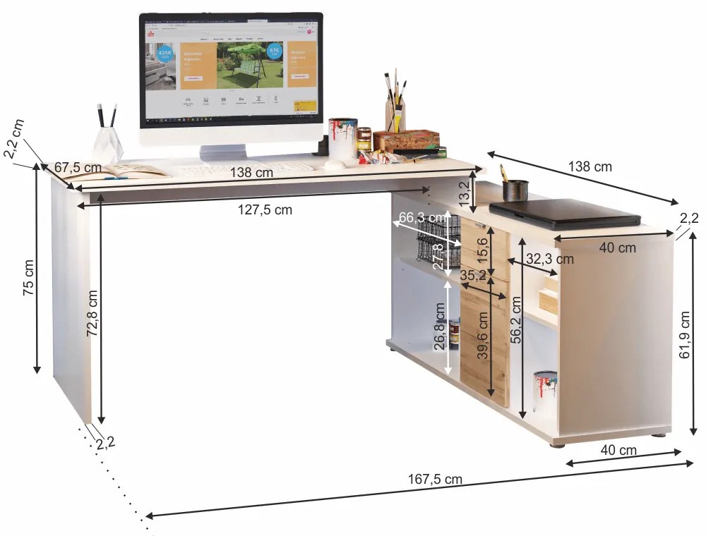Rohový kancelářský stůl DALTON 2 new, bílá a dub wotan