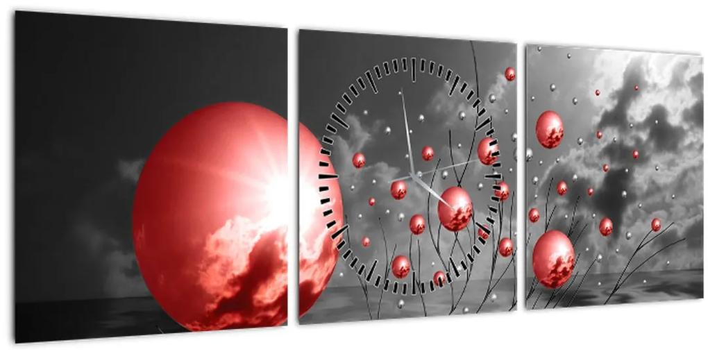Obraz červených koulí (s hodinami) (90x30 cm)