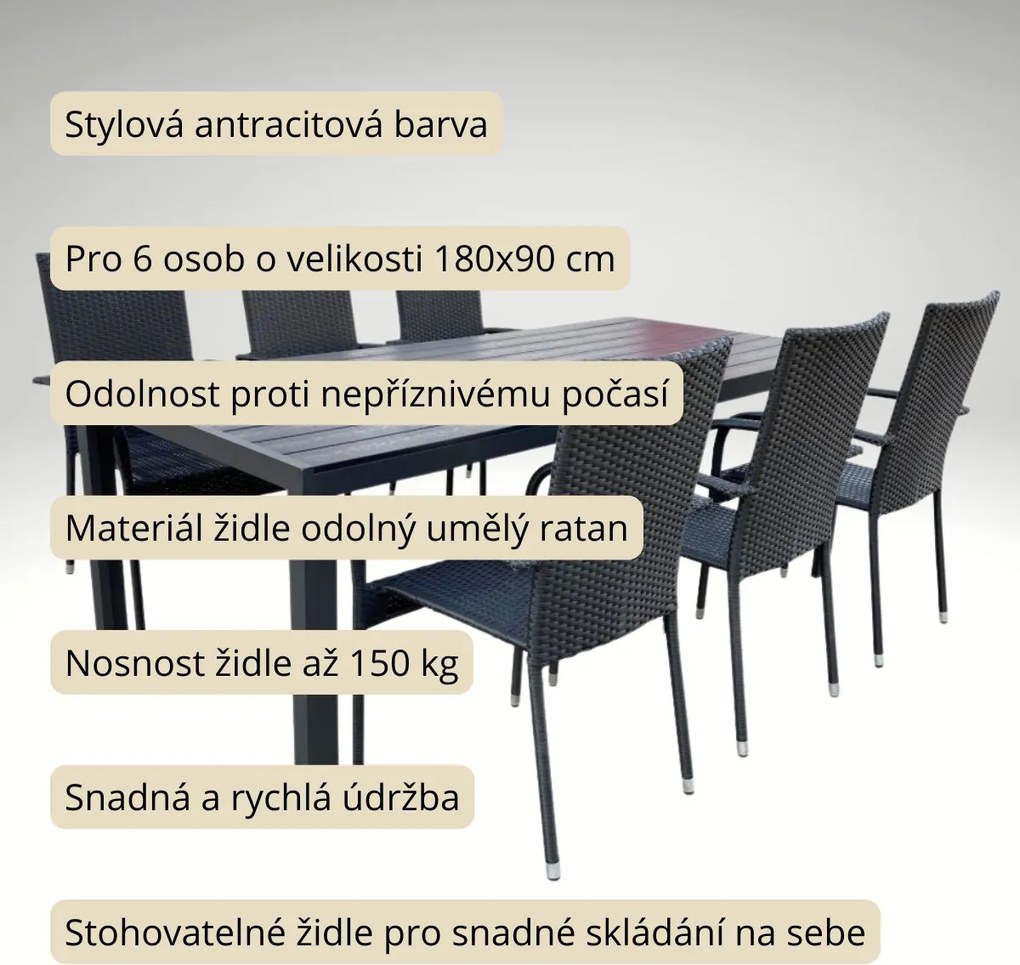 Vikio Zahradní set 180x90 pro 6 osob DT254 antracit