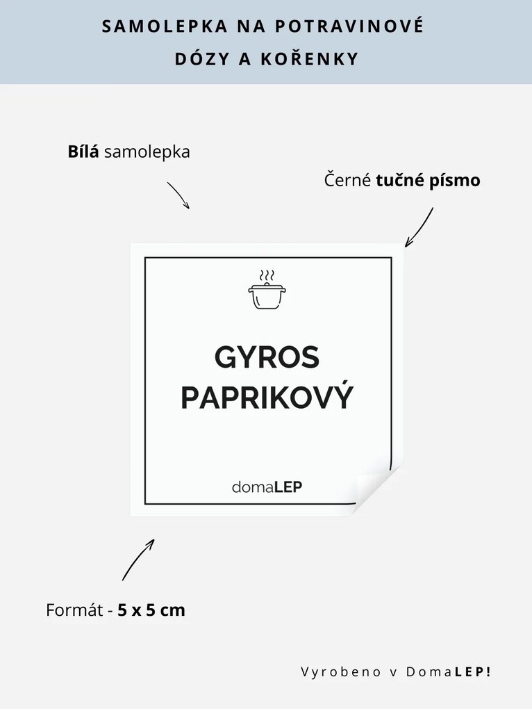 Samolepka na kořenky GYROS PAPRIKOVÝ bílá 5 × 5 cm tučné písmo