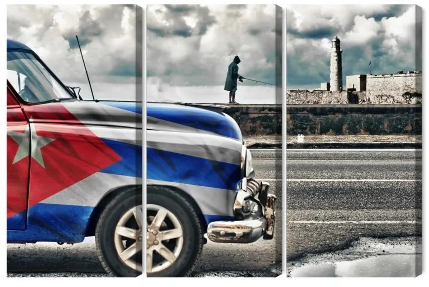 Vícedílný obraz Auto S Kubánskou Vlajkou V Ulicích Havany Nedostatek Nedostatek Plátno Canvas 150x100