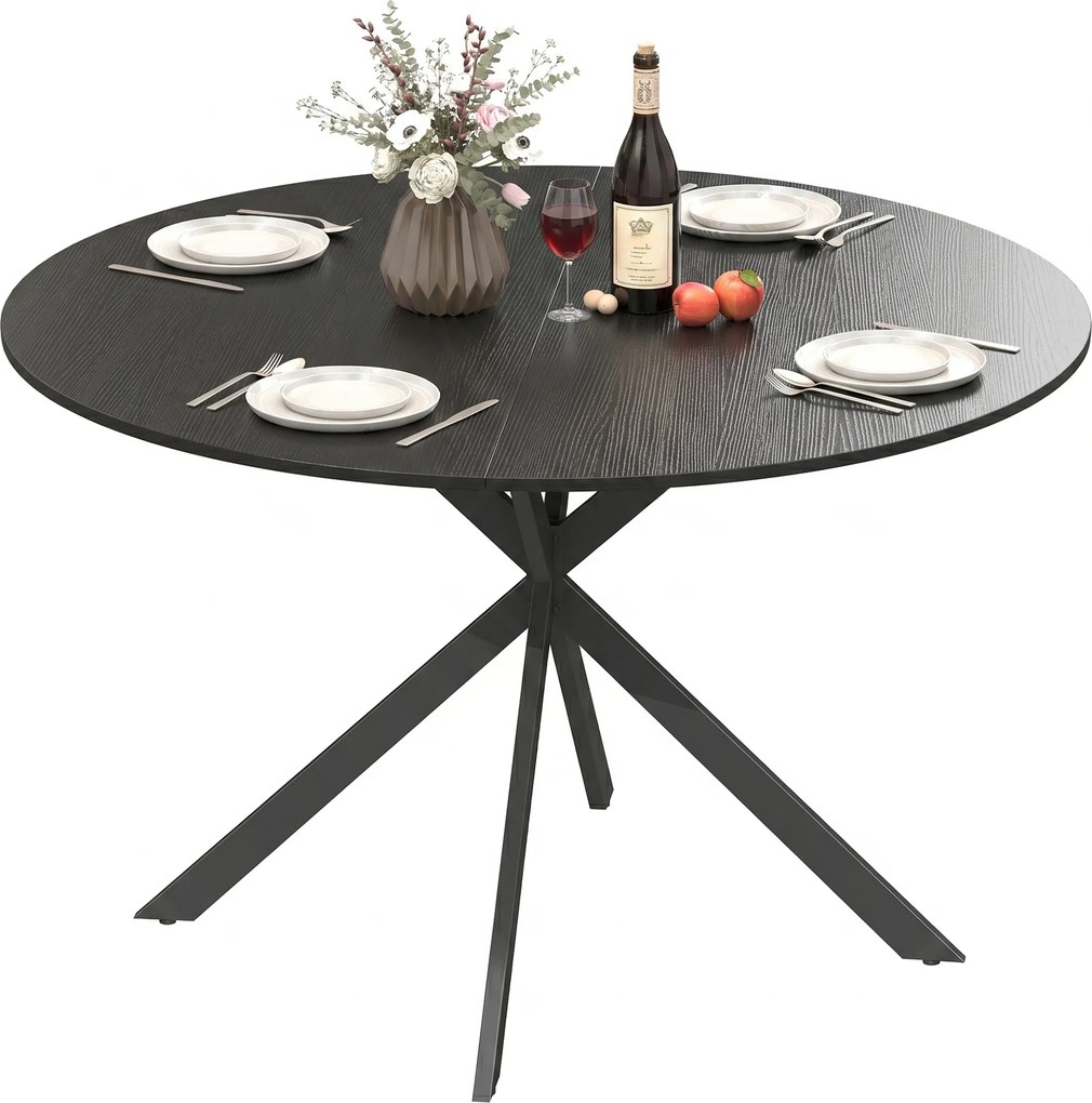 HOMCOM kulatý jídelní stůl pro 4, Ø120 cm, industriální styl s ocelovými X-nohami, pro jídelnu, kuchyni nebo domácí kancelář, černý
