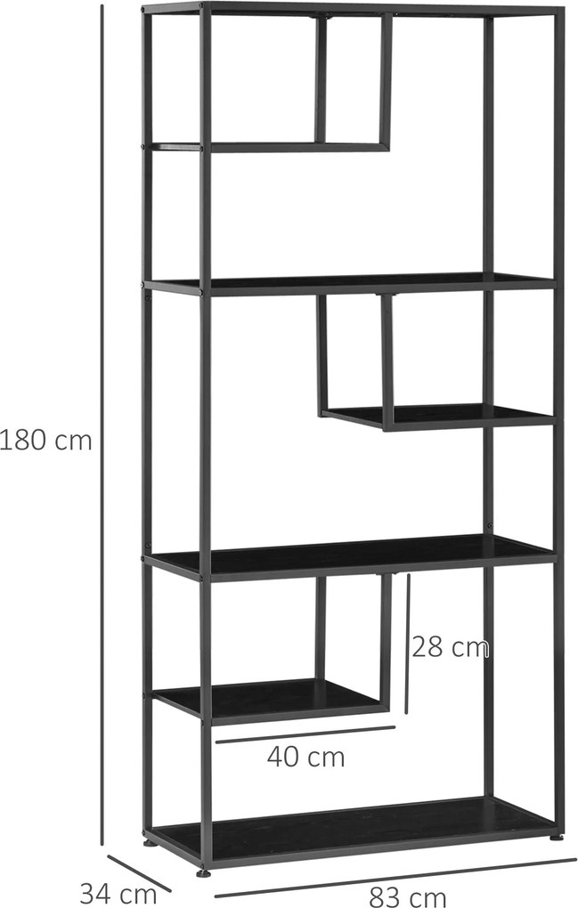 HOMCOM Knižní regál v industriálním stylu se 7 policemi a ocelovým rámem do obývacího pokoje, ložnice a kuchyně - 83x34x180 cm