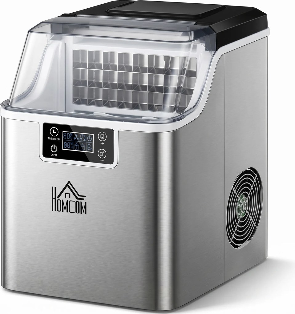 HOMCOM Výrobník kostek ledu, 20 kg/24h 2,3 l, s nádržkou na vodu 3,2 l, automatický čisticí program, nerezová ocel, 25,2 x 36 x 37,1 cm, stříbrná| Ao…