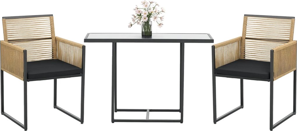 Outsunny 3dílná sestava zahradního nábytku s skládacími židlemi a skleněným stolem pro terasu a patio v přírodních a černých barvách | Aosom