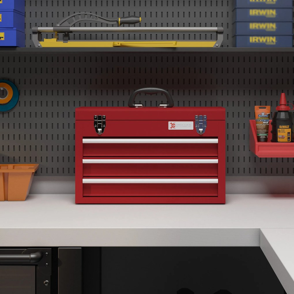 DURHAND box na nářadí prázdný 51x22x32cm se 3 zásuvkami a horní přihrádkou, rukojetí a zámkem, robustní ocelový box na nářadí v červené barvě