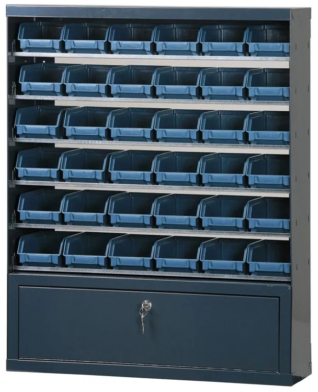 Závěsný regál s plastovými boxy BASIC a přihrádkou, 36 boxů