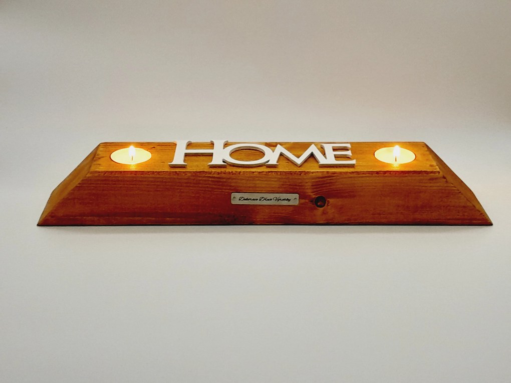 Dekorace Dřevo výrobky Dřevěný svícen zkosený (boční kraje) motiv HOME - 44 x 8 x 6 cm