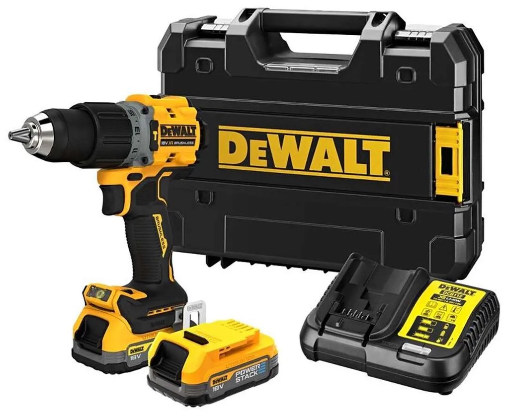 DeWALT - 18V AKU vrtačka s příklepem, 2x aku 1,7 Ah POWERSTACK, nabíječka DCD805E2T