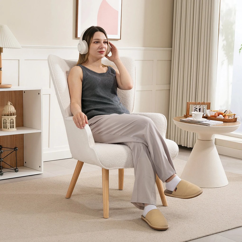 HOMCOM Boucle Fabric Lounge Chair, Moderní Čalouněné Křeslo s Dřevěnými Nohami, Ergonomický Křídlatý Design s Knoflíkovým Prošíváním | Aosom