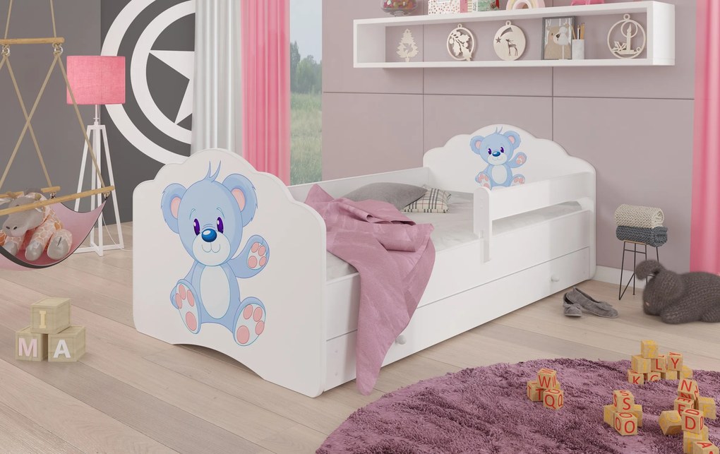 ADRK Furniture Postel s matrací, zábranou a šuplíkem CASIMO BLUE BEAR 140x70