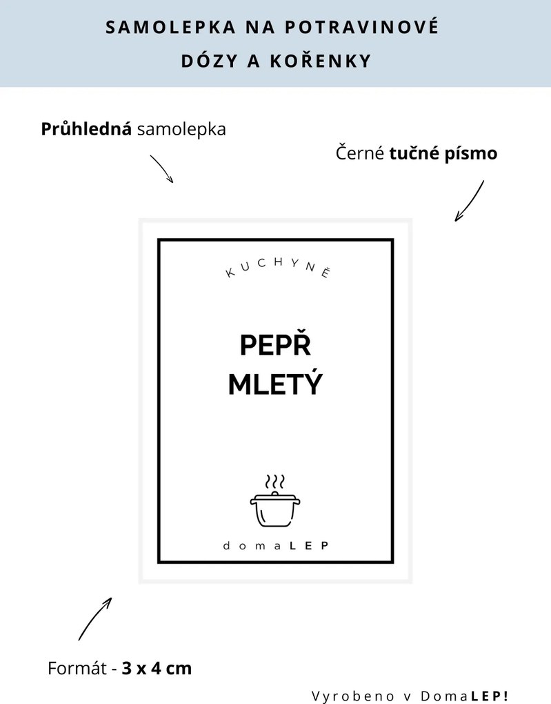 Samolepka na kořenky PEPŘ MLETÝ průhledná 3 × 4 cm tučné písmo