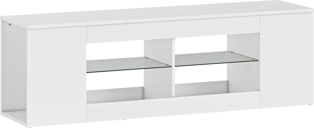 HOMCOM 140 cm TV stojan, televizní komoda, 6 přihrádek, 2 skleněné police, dřevotříska, bílá