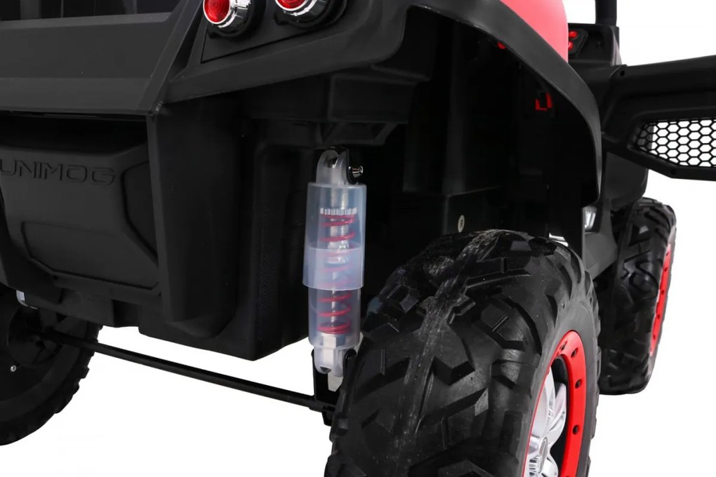 Ramiz Mercedes Benz Unimog elektrické autíčko pro děti červené + pohon 4x4 + dálkové ovládání + nosič zavazadel + pomalý start + MP3 + LED