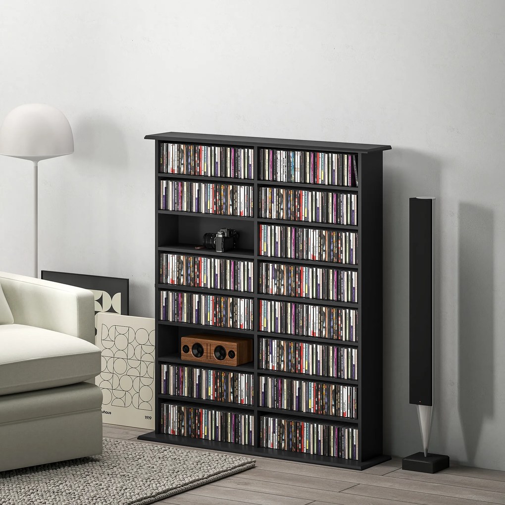 HOMCOM Moderní Knihovna s 16 Policemi pro 720 CD, Držák na CD z Dřevotřísky, 106,5x24x123,7 cm, Černá