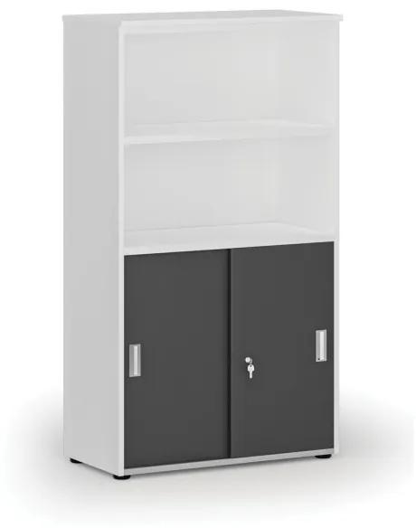 Kombinovaná kancelářská skříň PRIMO WHITE, zasouvací dveře na 2 patra, 1434 x 800 x 420 mm, bílá/grafit