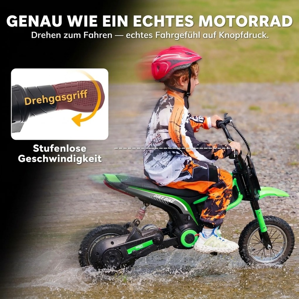 HOMCOM Dětská elektrická motorka 12V s klaksonem a světlem, 8-16 km/h, otočný plyn, pro děti 8-12 let, zelená