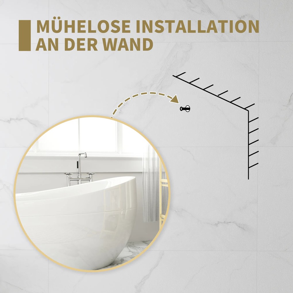 HOMCOM Kulaté Zrcadlo, Koupelnové Zrcadlo, Průměr 70 cm, Kovový Rám, Nástěnné Zrcadlo, Snadná Instalace, pro Ložnici, Obývací Pokoj, Předsíň, Zlaté