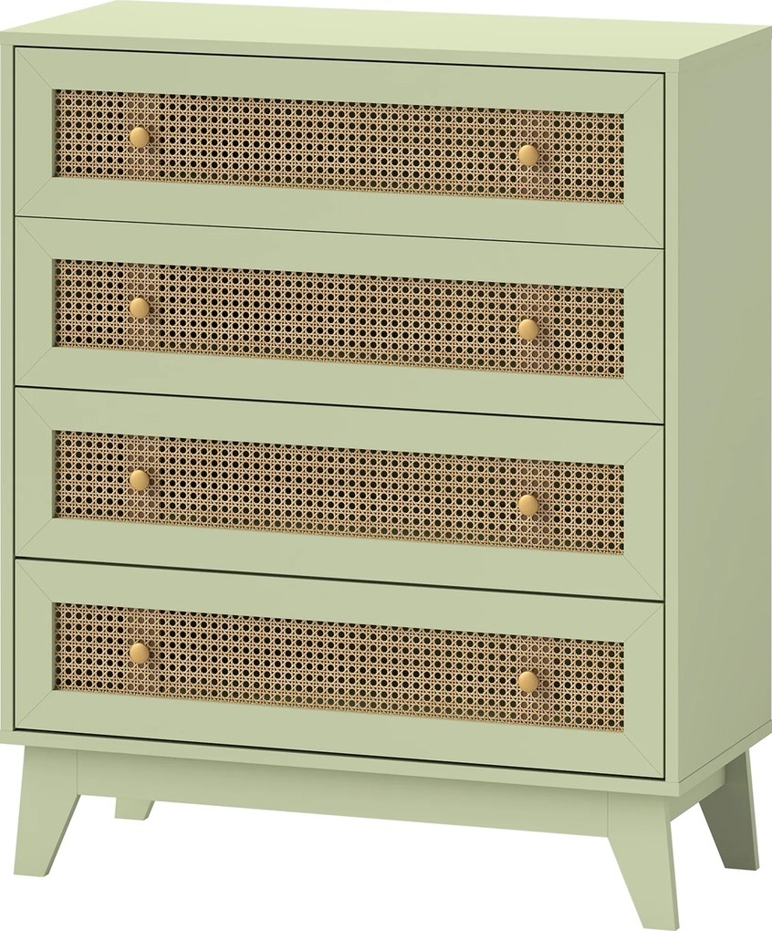 HOMCOM komoda se 4 zásuvkami, úložný prostor s ratanovým vzorem, světle dřevěná optika, 80 x 35 x 95 cm, zelená