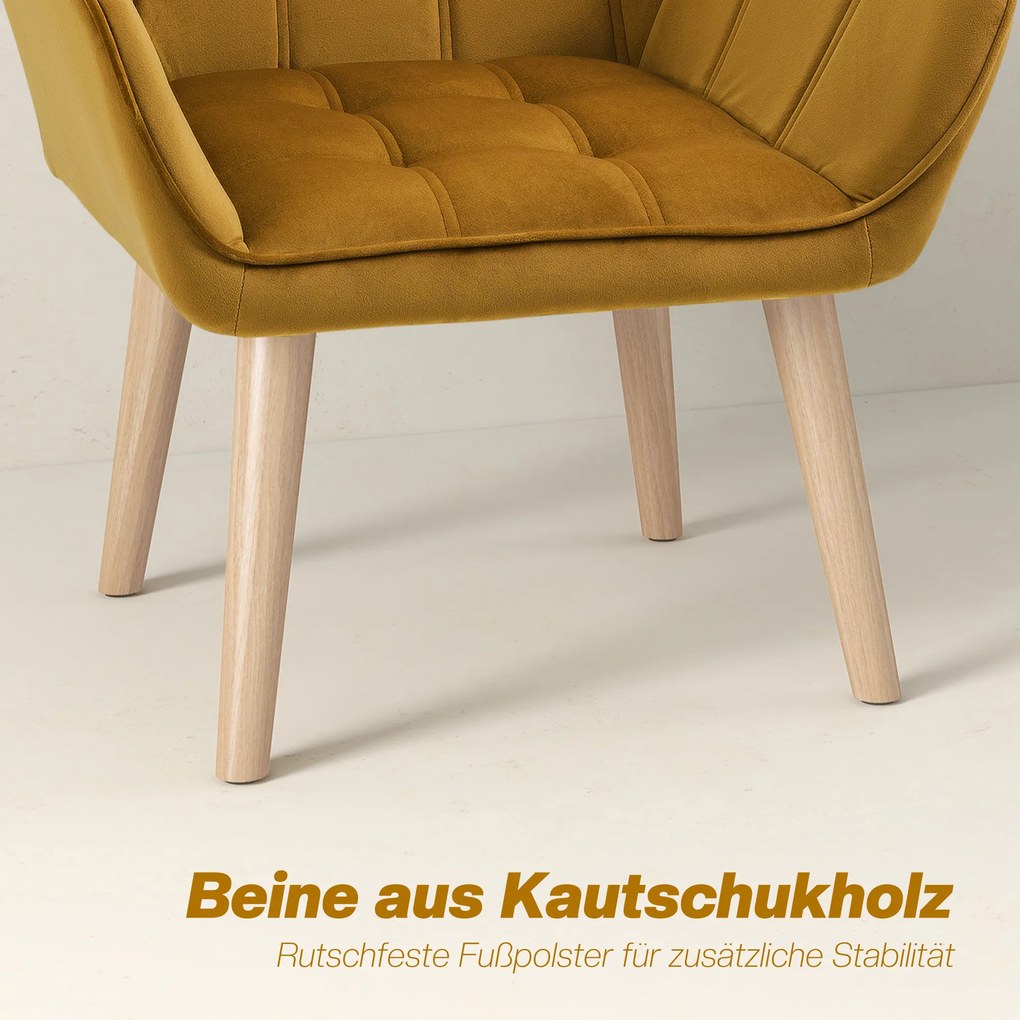 HOMCOM křeslo s polohovatelným sedákem se sametem, skandinávské, zvýšené nohy, sametový polyester, žlutá 67x61,5x71 cm